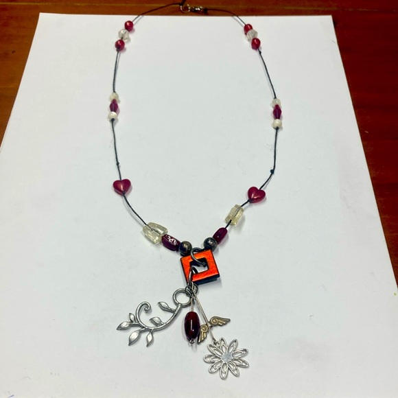 Jewelry | Handmade Beaded And Charmed Necklace In Red White And Silver ...